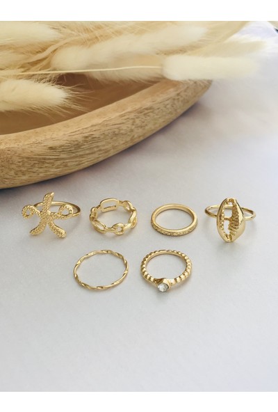 Mercan Aksesuar Gold Renk 6 Adet Deniz Yıldızı Deniz Kabuğu Çoklu Yüzük Seti Mercan Aksesuar Gold Renk 6 Adet Deniz Yıldızı Deniz Kabuğu Çoklu Yüzük Seti