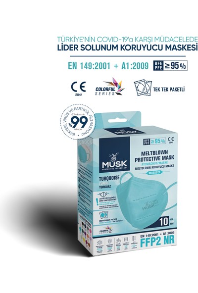 Musk N95 Maske Turkuaz Renk 10 Adet