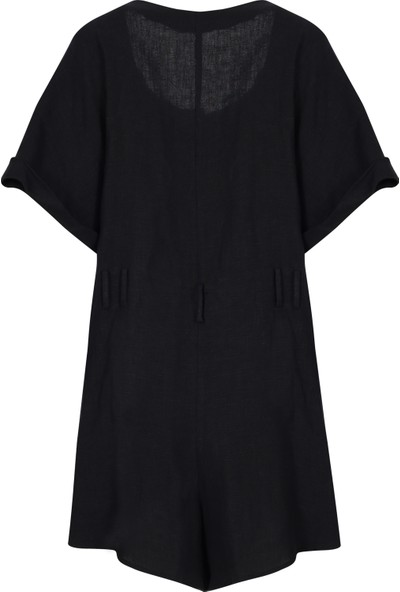 Siyah Bel Detaylı Keten Dokuma Tulum