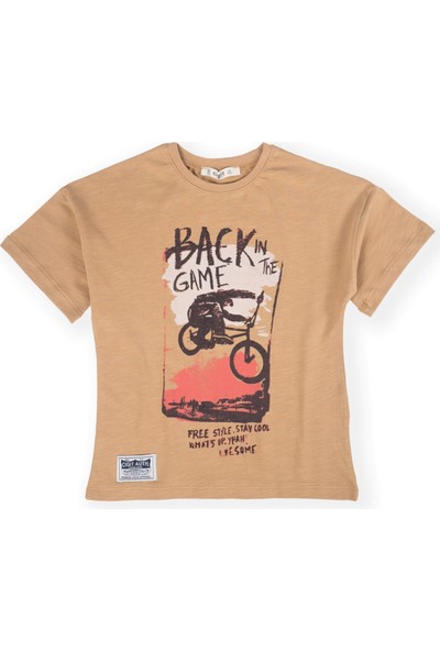 Bisiklet Baskılı T-Shirt 4-12 Yaş Koyu Hardal