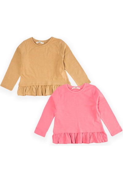 Mevsimlik Kız T-Shirt 2-12 Yaş Mercan-Koyu Hardal