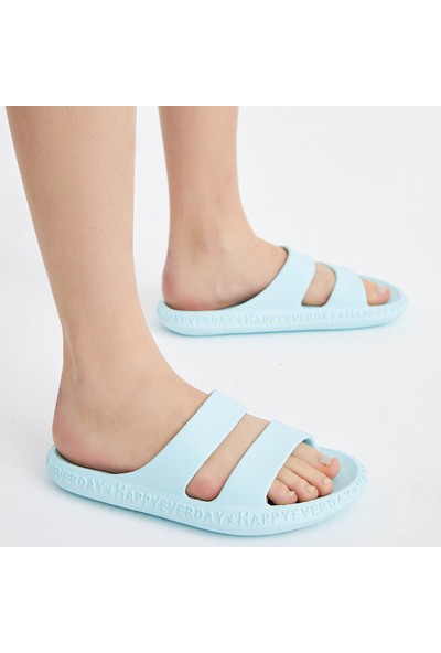 Ecrou Kadın Çift Bant Tabanı Yazılı Günlük Düz Topuk Terlik