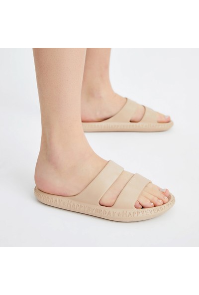Ecrou Kadın Çift Bant Tabanı Yazılı Günlük Düz Topuk Terlik