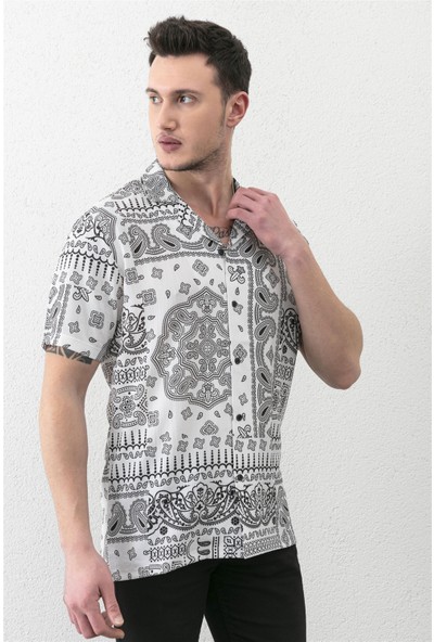 Valiberta Beyaz Erkek Şal Desenli Kısa Kol Regular Fit Gömlek Valiberta Beyaz Erkek Şal Desenli Kısa Kol Regular Fit Gömlek