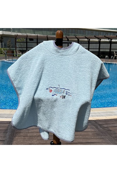 Ewp Mavi Denizaltı Desenli Çok Amaçlı Organik Çocuk Havlu Panço Standart Beden