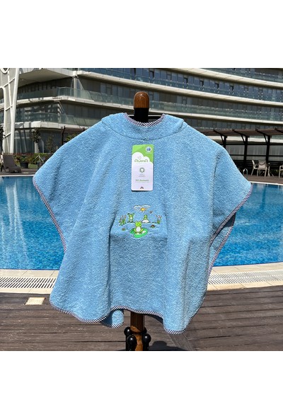 Ewp Mavi Kurbağa Desenli Çok Amaçlı Organik Çocuk Havlu Panço Standart Beden