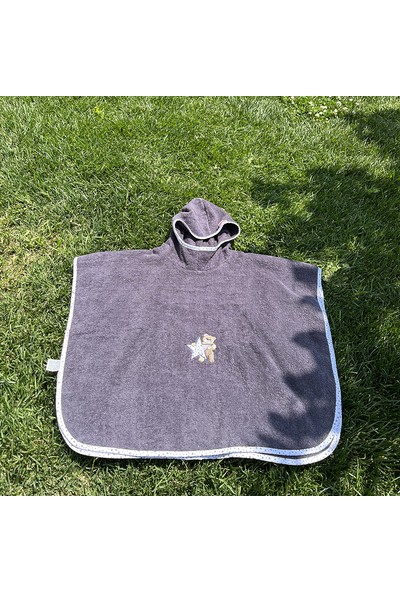 Ewp Gri Yıldızlı Ayı Desenli Çok Amaçlı Organik Çocuk Havlu Panço Standart Beden