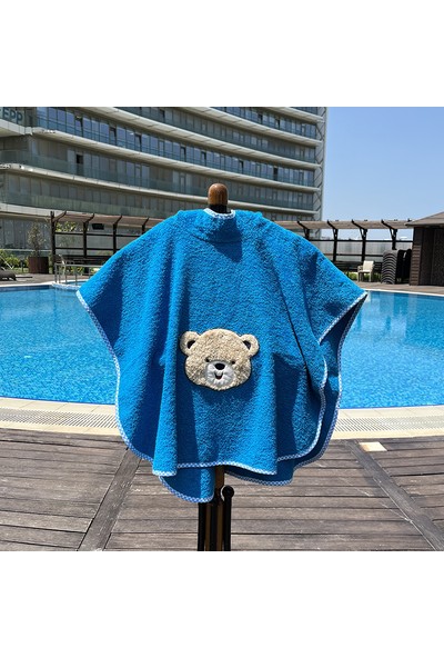 Ewp Mavi Ayı Desenli Çok Amaçlı Organik Çocuk Havlu Panço Standart Beden