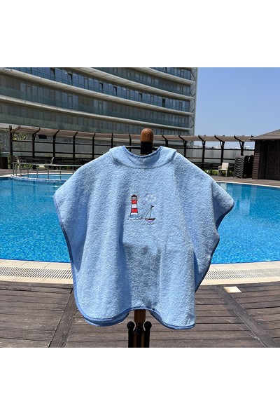 Ewp Mavi Gemi ve Deniz Feneri Desenli Çok Amaçlı Organik Çocuk Havlu Panço Standart Beden