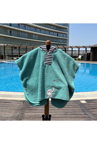 Ewp Yeşil Fil Desenli Çok Amaçlı Organik Çocuk Havlu Panço Standart Beden