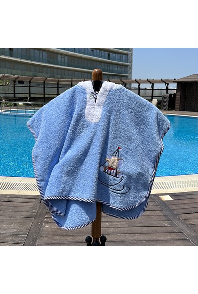 Ewp Mavi Gemi ve Fil Desenli Çok Amaçlı Organik Çocuk Havlu Panço Standart Beden