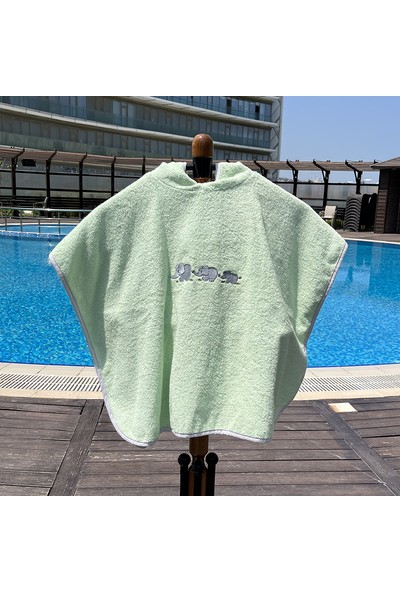 Ewp Yeşil Fil Desenli Çok Amaçlı Organik Çocuk Havlu Panço Standart Beden