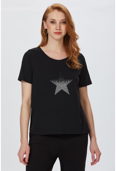 İkiler Önü Taş Motifli Kısa Kol Bluz 022-1045 İkiler Önü Taş Motifli Kısa Kol Bluz 022-1045