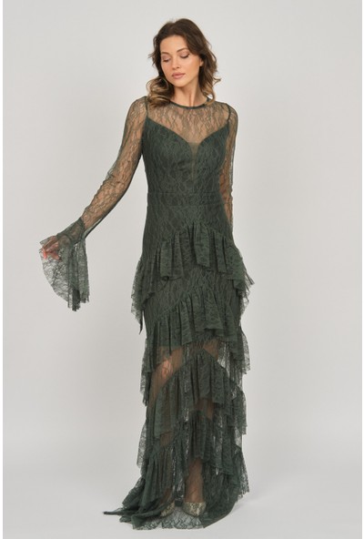 Doridorca Kadın Fırfır Detaylı Abiye Elbise 5921085 Haki