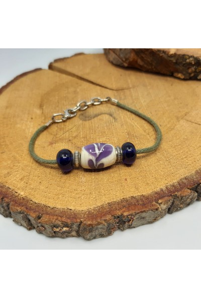 El Işi Murano Cam Uçlu Deri Kordonlu Ebru Sanatı Işlemeli El Yapımı Bileklik