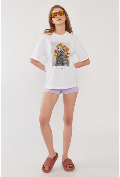 Nalu Beyaz Baskılı Kısa Kollu Örme T-Shirt