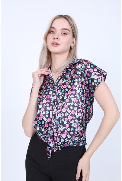 Vitrin Çıtır Çiçek Desen Saten Belden Bağlamalı Bluz