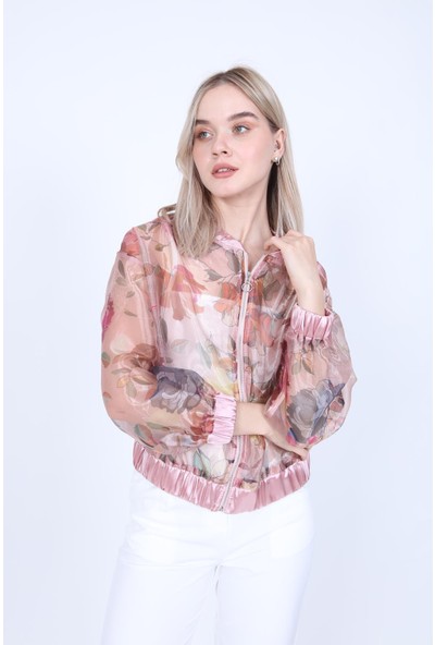 Vitrin Çiçek Desen Organze Bomber Ceket