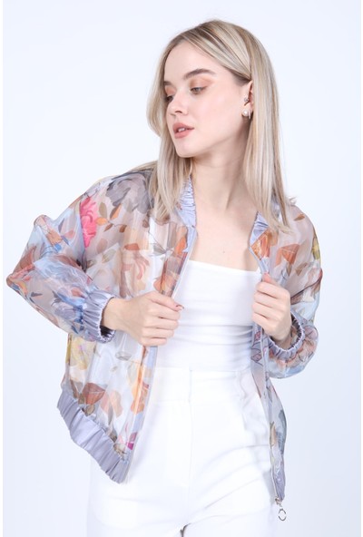 Vitrin Çiçek Desen Organze Bomber Ceket