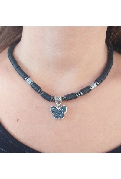 Funny Takı Hematit Taşlı Gri Pırıltılı Kelebekli Siyah Fimo Kolye