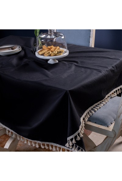 Vivamaison %100 Pamuk Düz Siyah Kenarı Ponponlu Masa Örtüsü Vivamaison %100 Pamuk Düz Siyah Kenarı Ponponlu Masa Örtüsü