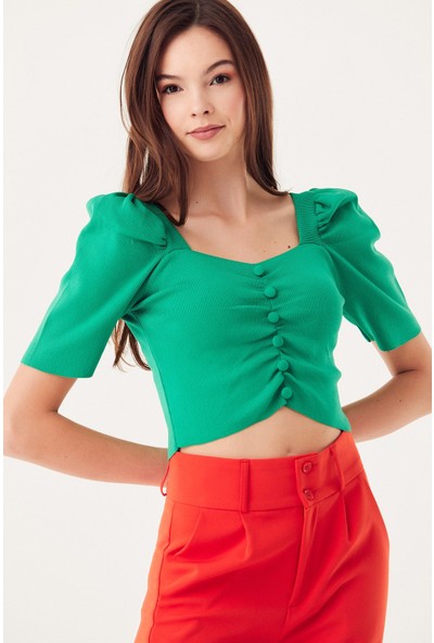 FullaModa Önü Büzgülü Düğmeli Karpuz Kol Bluz
