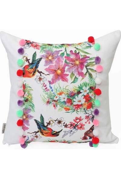 Moda Çizgi Ponponlu Etnik Desen Kırlent Kılıfı