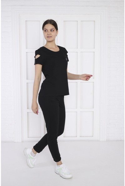 Escetic Kadın Spor Siyah Alt-Üst T-Shirt Takım