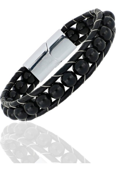 Family Store Parlak Oniks Taşı Örmeli Deri Bileklik Family Store Parlak Oniks Taşı Örmeli Deri Bileklik