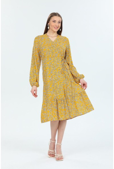 Pezkovi Içten Düğmeli Sarı Çiçek Desenli Kadın Elbise