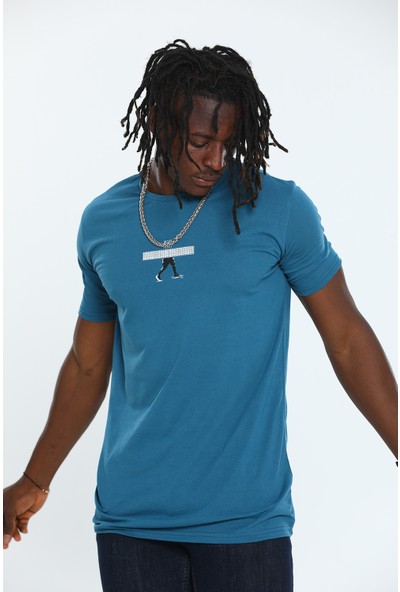 Julude Petrol Erkek Likralı Bisiklet Yaka Baskılı T-Shirt P-038690