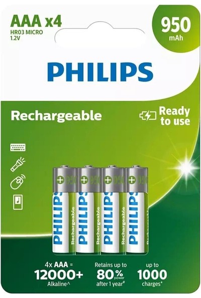 Philips R03B4A95/10 950MAH Aaa Şarj Edilebilir Ince Kalem Pil 4lü Paket R03B4A95/10