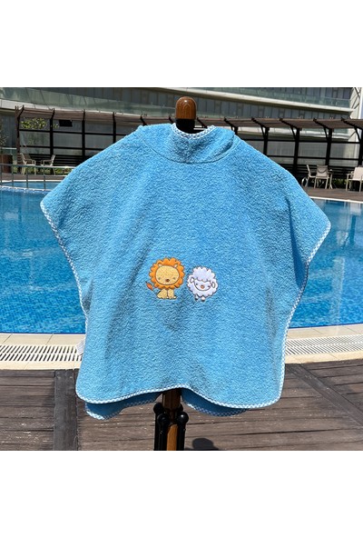 Ewp Mavi Aslan ve Kuzu Desenli Çok Amaçlı Organik Çocuk Havlu Panço Standart Beden