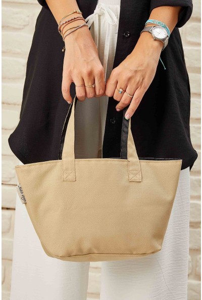 Moda Çizgi Çift Taraflı El Çantası,bej - Siyah,ce-1