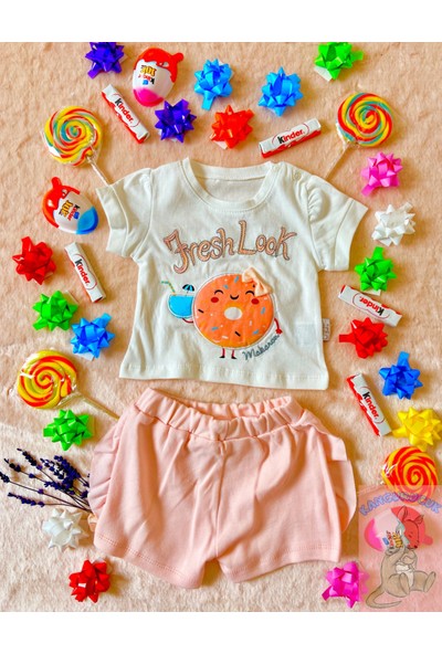 Kangurucuk Kız Bebek Donutlu Baskılı Şortlu Takım