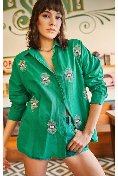 Vivoon Kadın Yeşil Göz Nakışlı Oversize Gömlek
