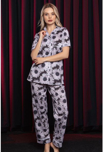 Modamiks Kısa Kollu Düğmeli Dijital Baskılı Pijama Takımı - Lila