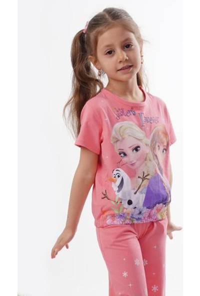 Riccotarz Kız Çocuk Karlar Kraliçesi Baskılı Beli Lastikli Pembe Eşofman Takım