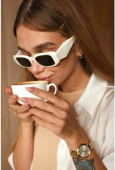 Hane14 Diamond Dikdörten Tasarım Kadın Güneşe Gözlüğü Beyaz