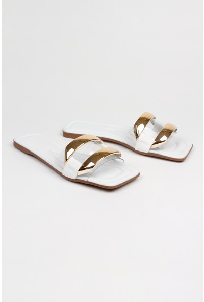 Mubiano Messina Beyaz Kadın Şeffaf Altın Toka Düz Terlik Mubiano Messina Beyaz Kadın Şeffaf Altın Toka Düz Terlik