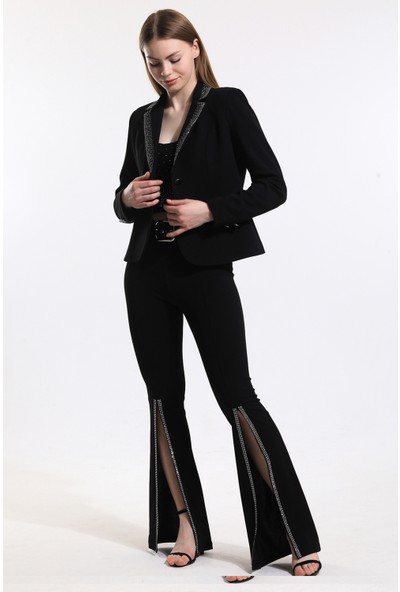 Sense Beli Kemerli Paçaları Taşlı Scuba Krep Abiye Pantolon | PNT34185