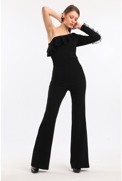 Sense Gizli Fermuarlı Yakası Fırfırlı Scuba Krep Tek Kollu Tulum | TLM34168