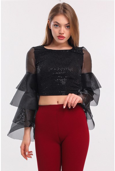Sense Kolları Organze Buzy Payet Bluz | BLZ32723 Siyah