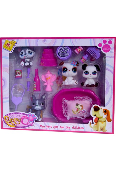 UDATOYS Minişler Littlest Pet Shop Oyuncak 4 Köpek Yatak Yastık Pasta Set