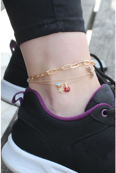 Clariss Minimal Uğur Böceği Detay Kelebekli Çoklu Zincir Halhal