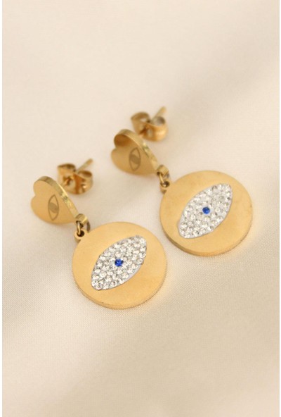 Clariss Çelik Gold Renk Taşlı Göz Figürlü Küpe