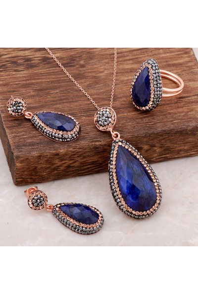 Sümer Telkari Safir Taşlı Tasarım Rose Gümüş Set 1898 Sümer Telkari Safir Taşlı Tasarım Rose Gümüş Set 1898