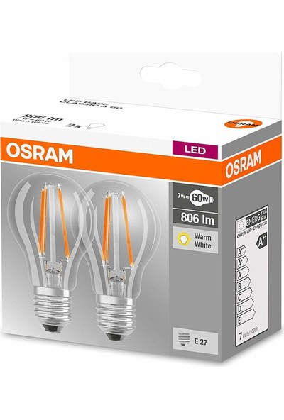 Osram Led Filament Ampul 7W Sarı Işık Normal Duy İkili Paket Osram Led Filament Ampul 7W Sarı Işık Normal Duy İkili Paket