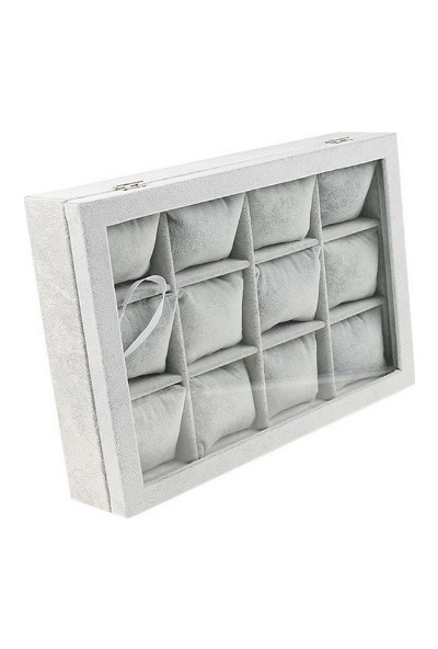 Aydindecor Yerli Camlı 12 Bölmeli Gri Saat Bileklik Tabla