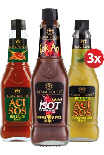 Kemal Kükrer Acı Sos (İsot + Hot Sauce + Jalepeno)60 ml 3' Lü Paket Kemal Kükrer Acı Sos (İsot + Hot Sauce + Jalepeno)60 ml 3' Lü Paket